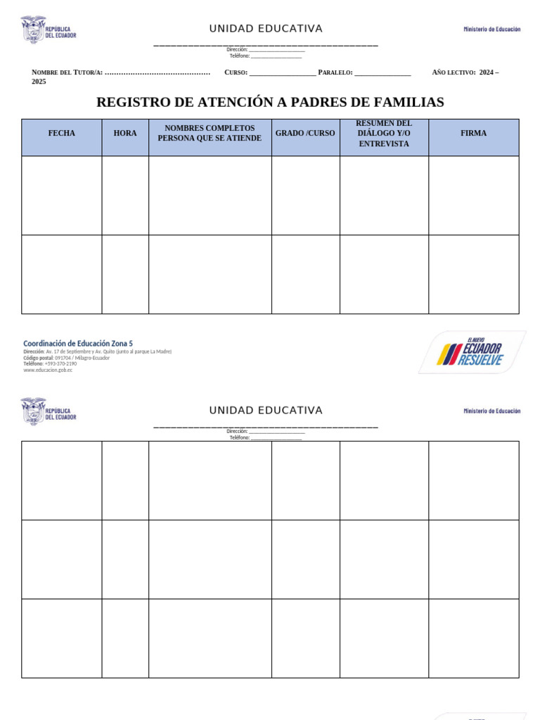 Registro De Atención A Padres De Familia 2024 2025 Pdf