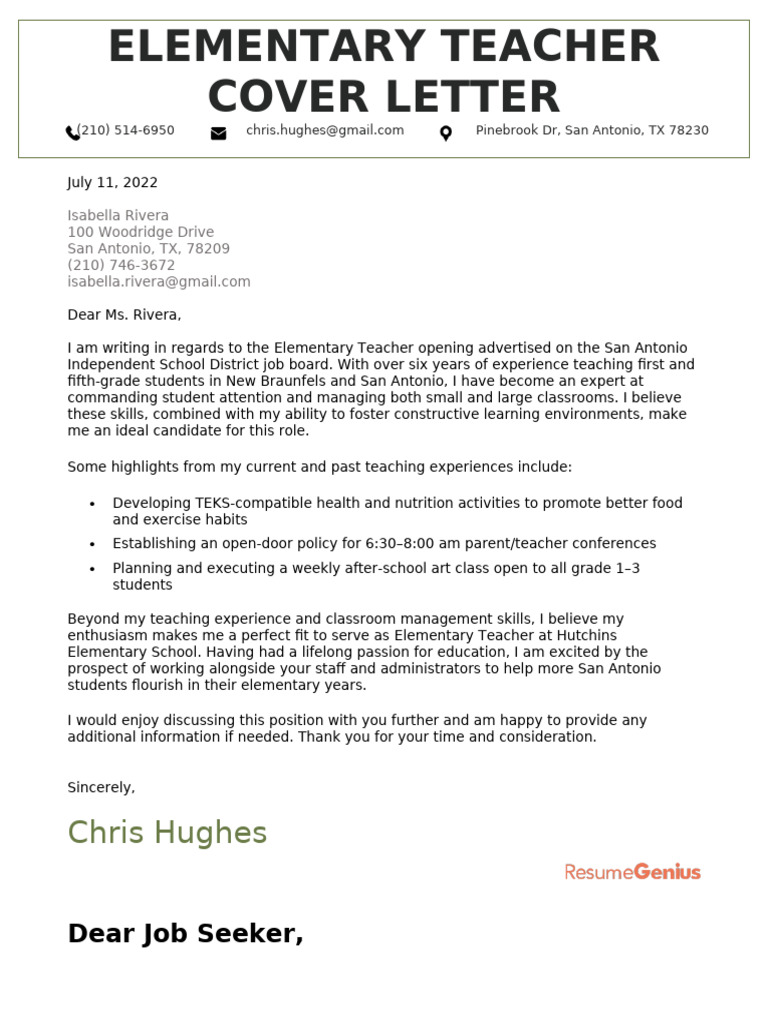 Elementary Teacher Cover Letter Example | PDF