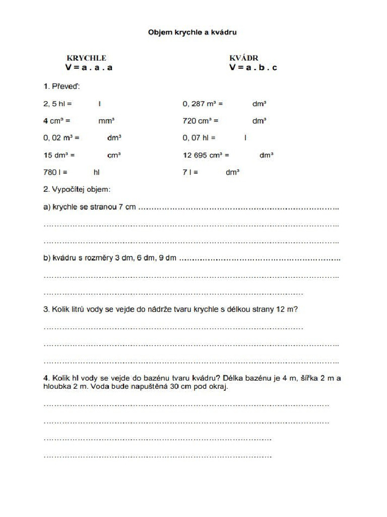 Objem krychle a kvádru Pracovní list | PDF