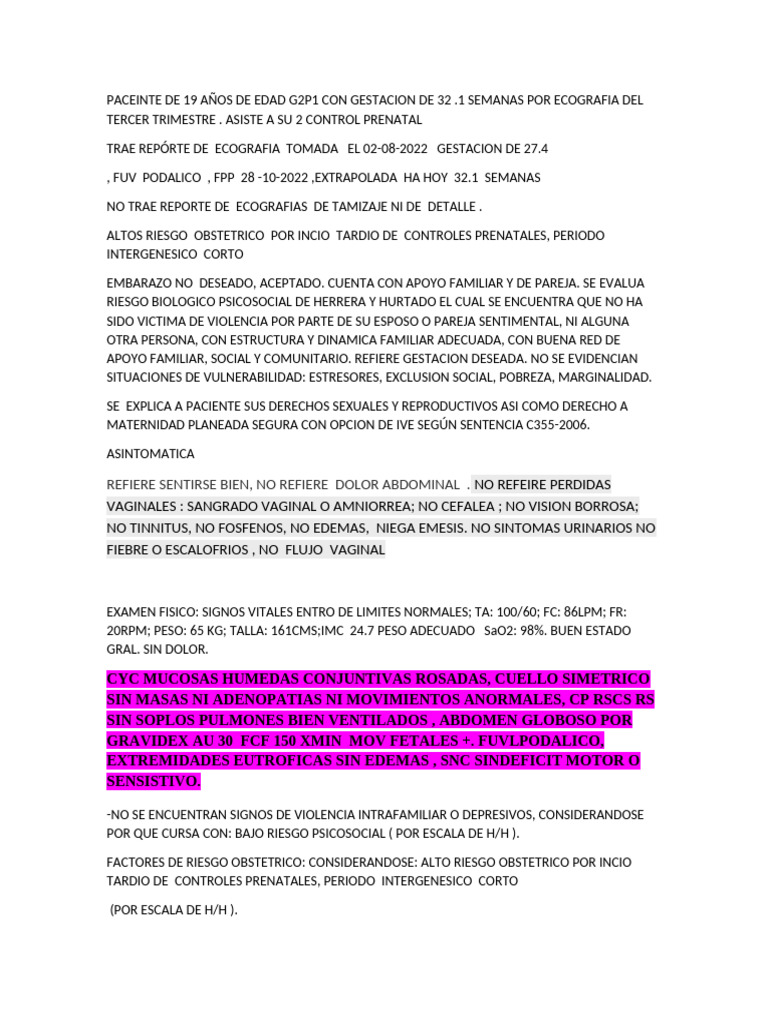 Paceinte de 19 Años de Edad G2P1 Con Gestacion de 32 | PDF | El ...