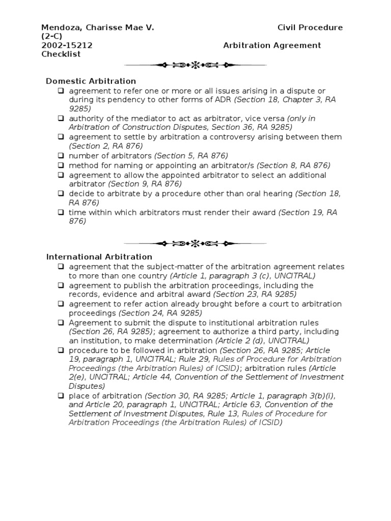 Arbitration Agreement Checklist Guide | PDF | Arbitral Tribunal ...