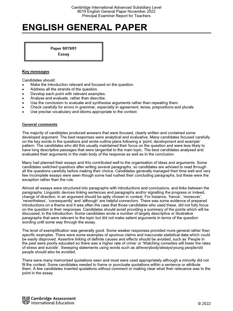 8019 English General Paper November 2022 Principal Examiner Report | PDF