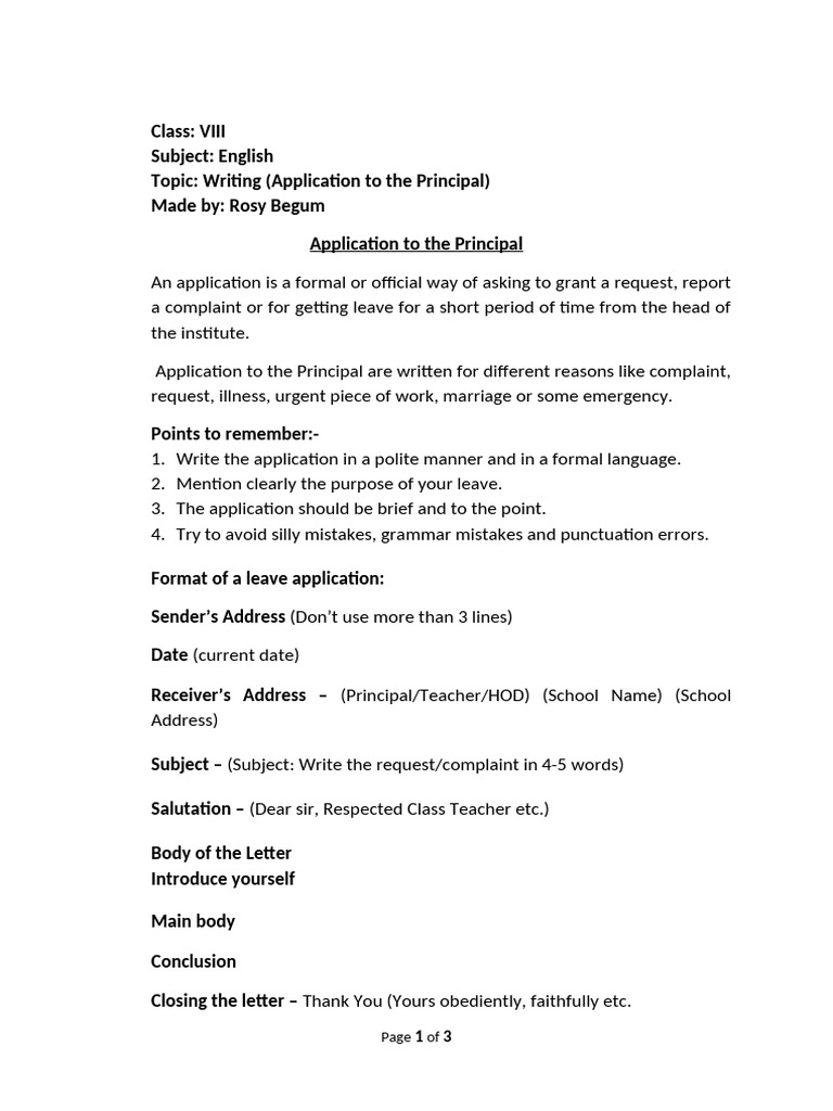 Application to the Principal | PDF
