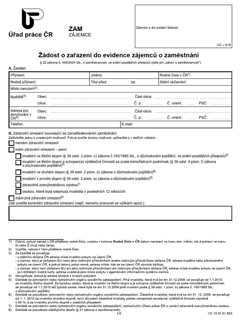Zadost o Zarazeni Do Evidence Zajemcu o Zamestnani | PDF