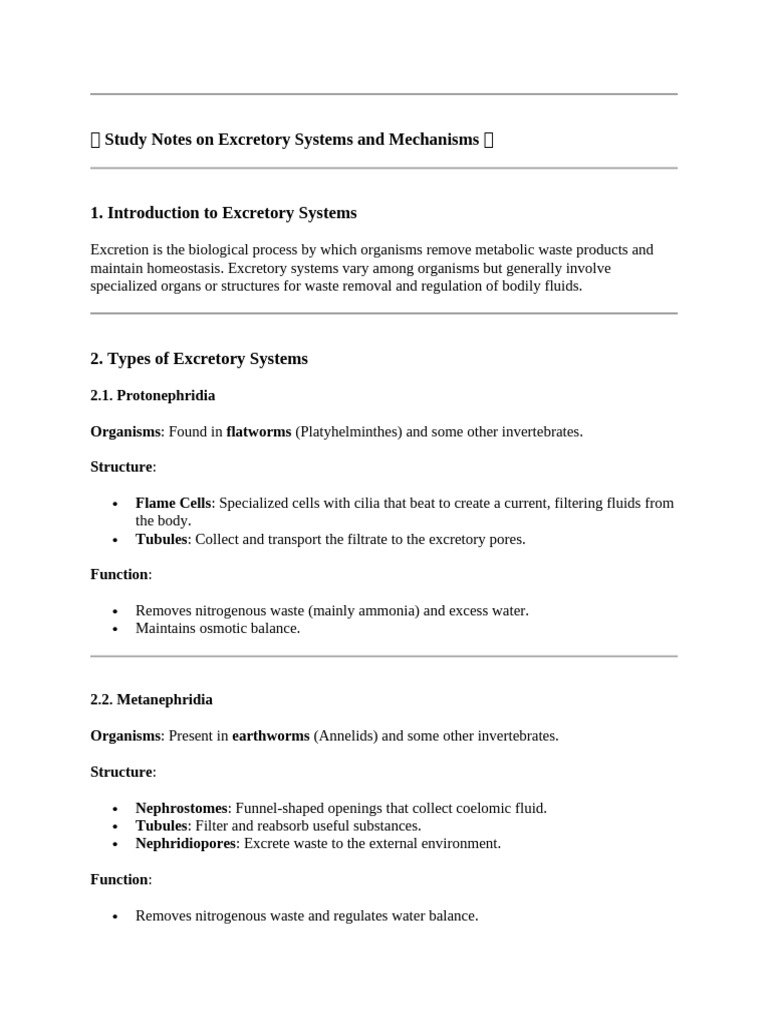 ? Study Notes On Excretory Systems and Mechanisms ? | PDF