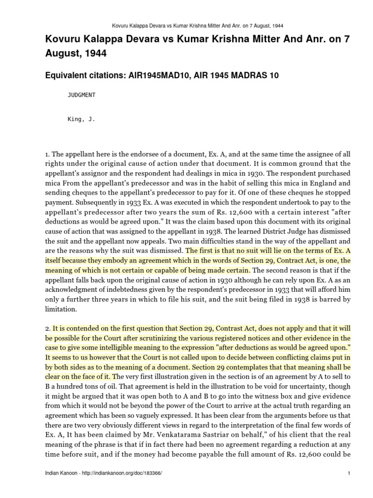 Kovuru Kalappa Devara Vs Kumar Krishna Mitter and Anr. | PDF | Lawsuit | Assignment (Law)