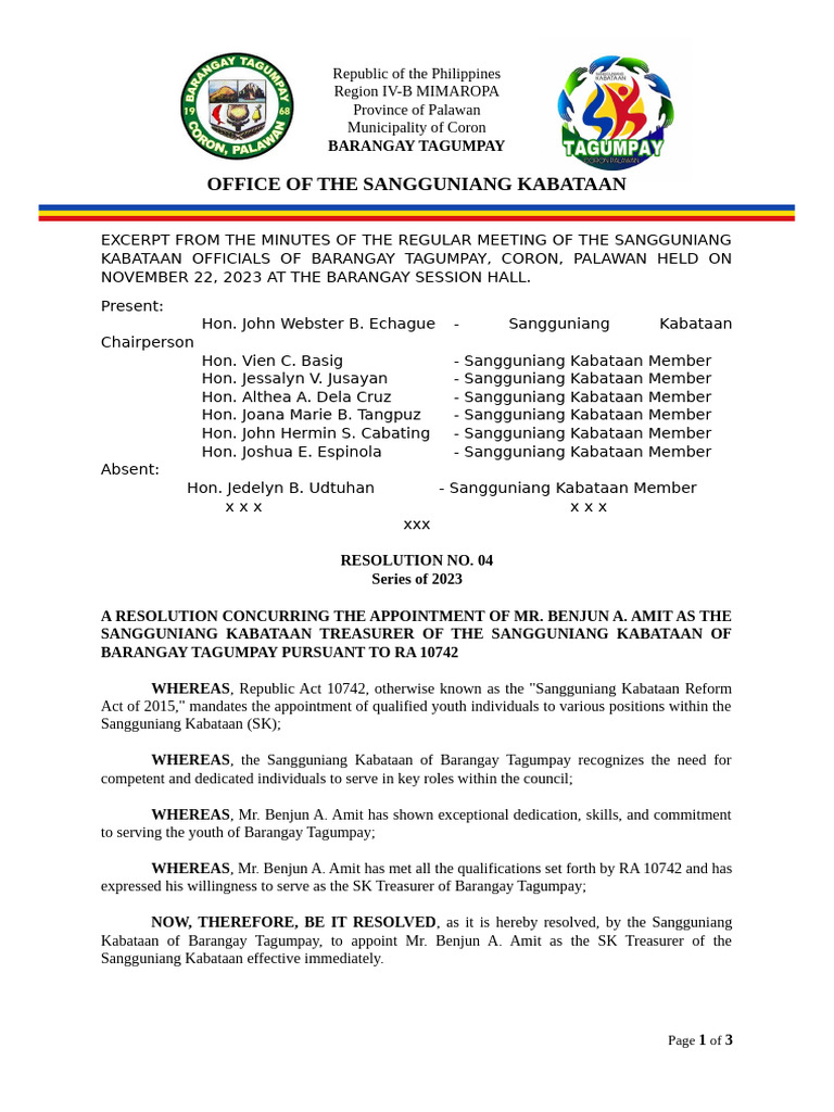 SK RESOLUTION For Concurring SK Treasurer | PDF | Government