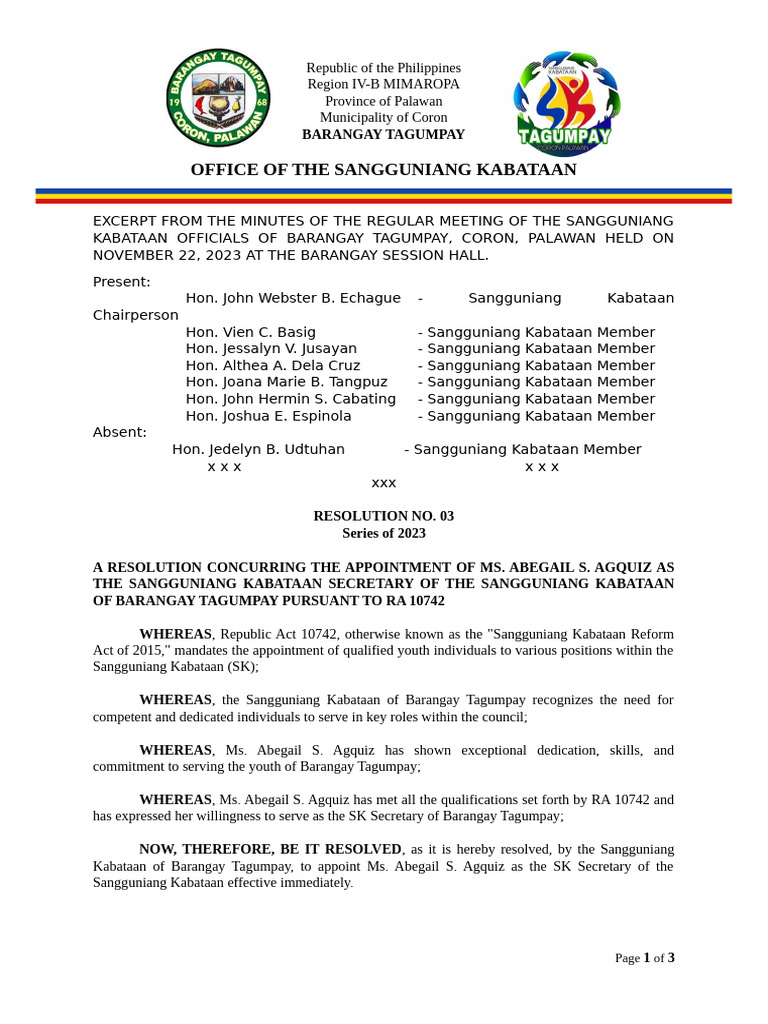 SK RESOLUTION For Concurring SK Secretary | PDF | Government