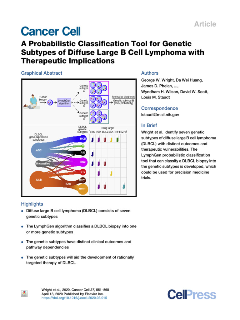 A Probabilistic Classification Tool for Genetic Subtypes of Diffuse Large B Cell Lymphoma with ...