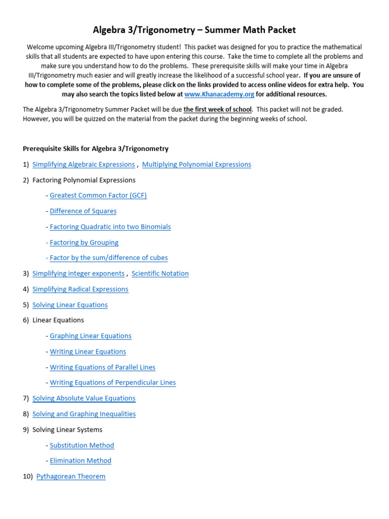 Algebra 3 Trig Summer Work | PDF