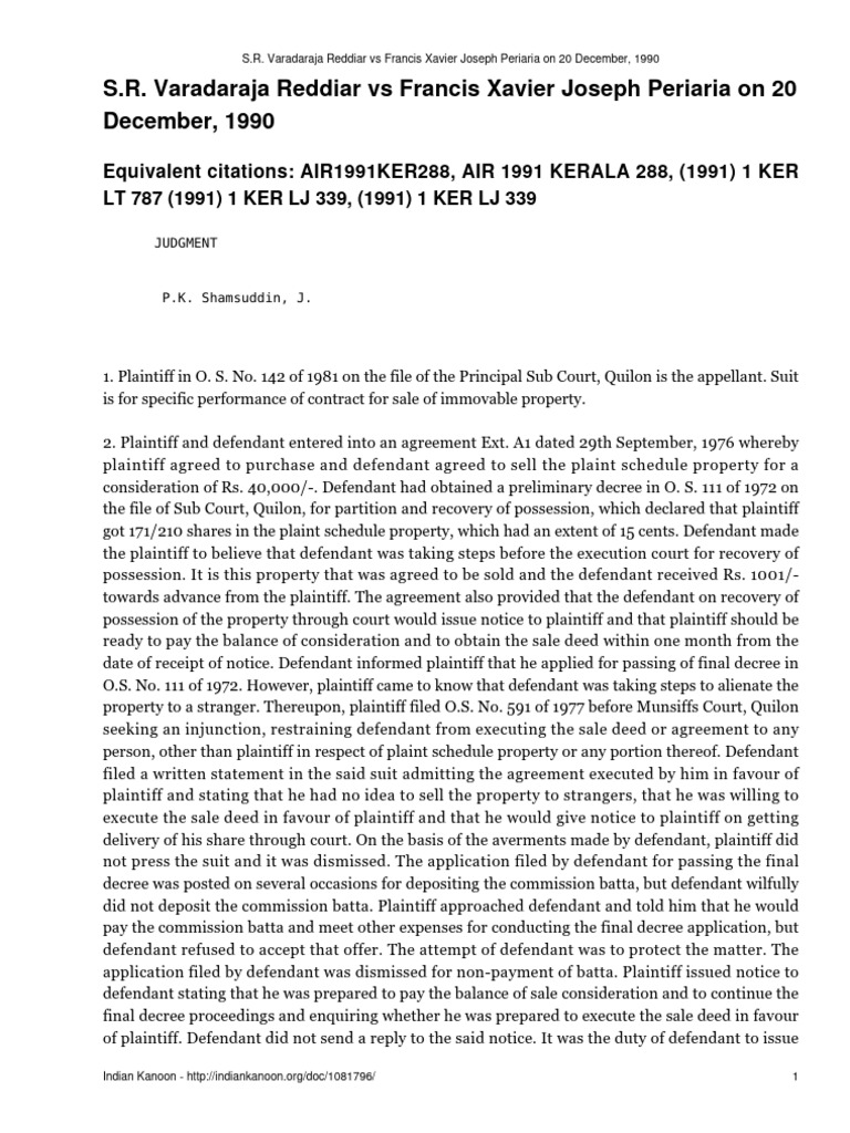 S.R. Varadaraja Reddiar Vs Francis Xavier Joseph Periaria On 20 | PDF ...