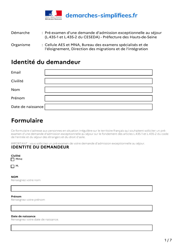 Pré-Examen D'une Demande D'admission Exceptionnelle Au Séjour (L.435-1 ...