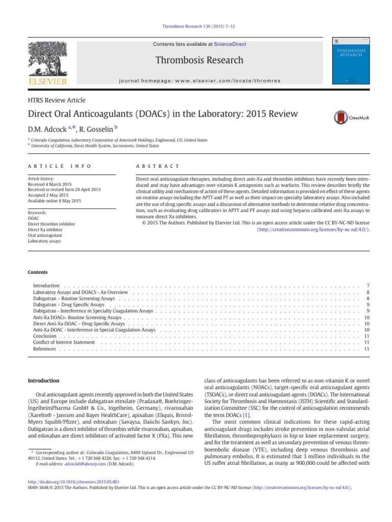 Direct Oral Anticoagulants (DOACs) in The Laboratory: 2015 Review | PDF ...