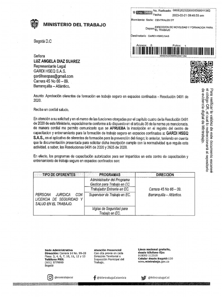Oficio - de - Aprobacion - GARDI HSEQ SAS | PDF