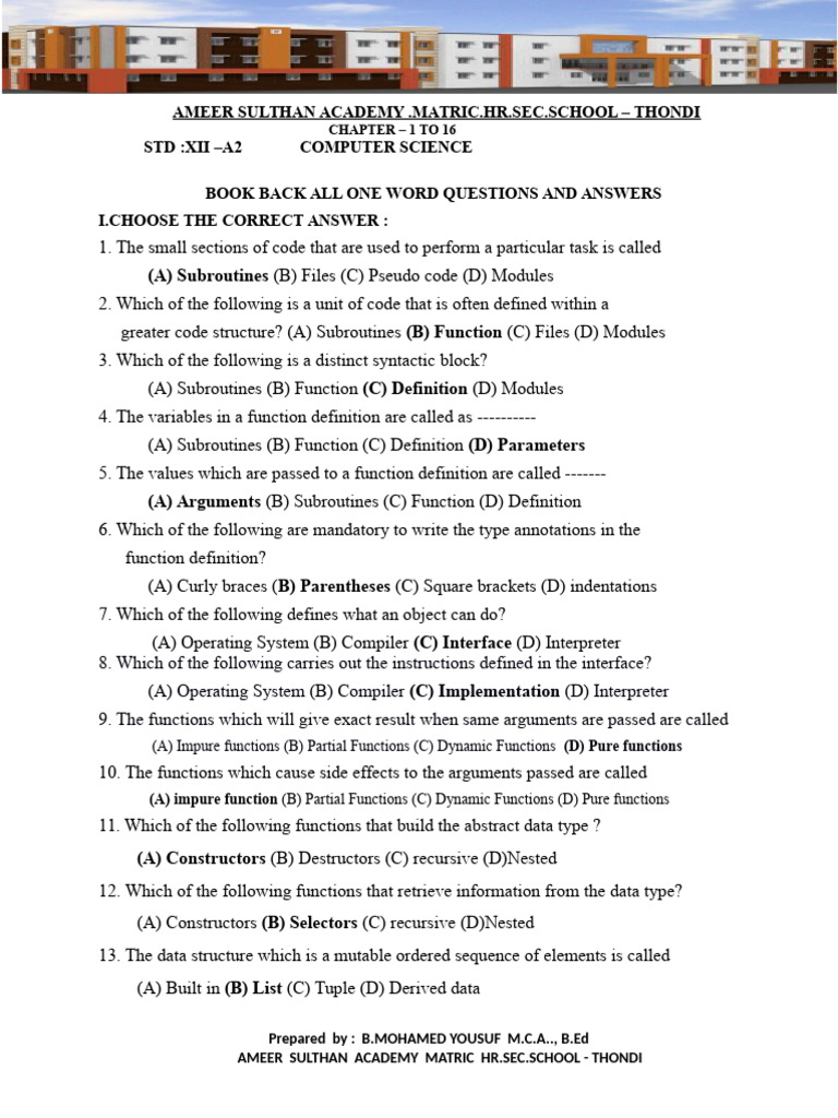 Namma Kalvi 12th Computer Science Book Back 1 Mark Study Material em ...