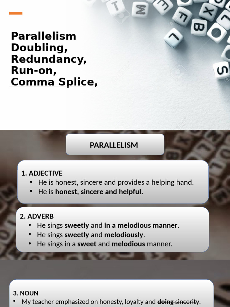 Lecture 13 (B) Comma Splice, Run On, Redundancy, Doubling, Parallelism | PDF | Verb | Adverb