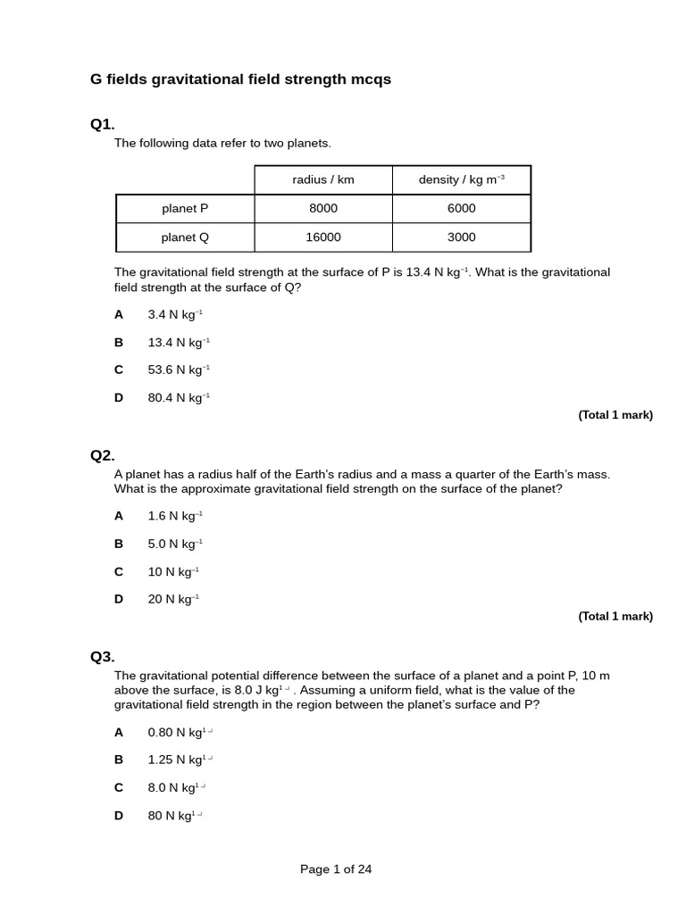 G Fields Gravitational Field Strength Mcqs | PDF