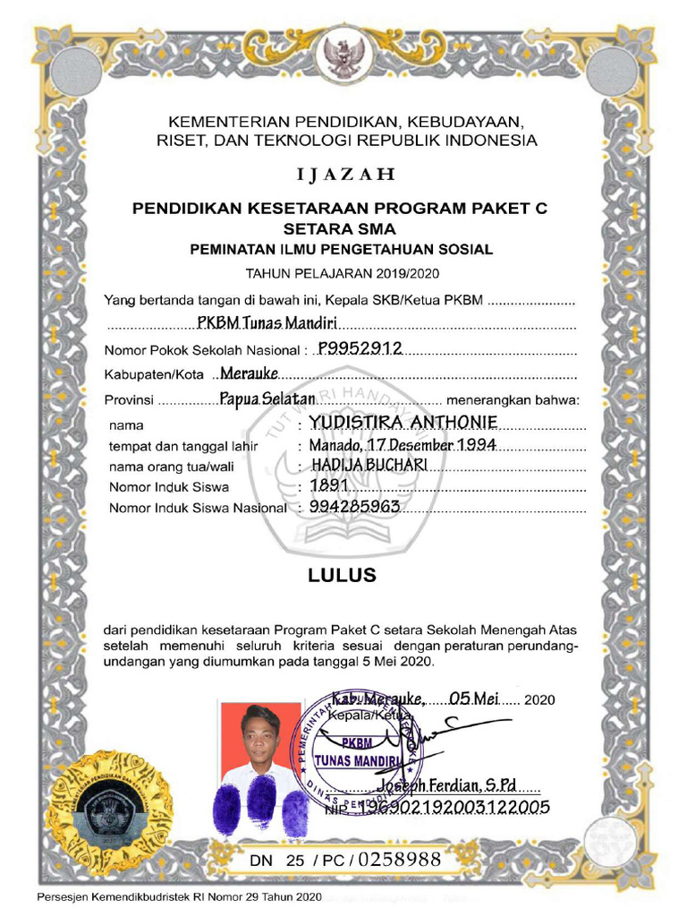 Ijazah Paket C 2020 Yudistira Anthonie | PDF