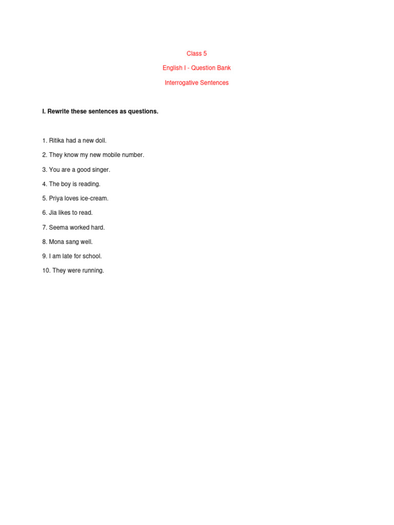 Class 5 - Interrogative Sentences - Question Bank | PDF