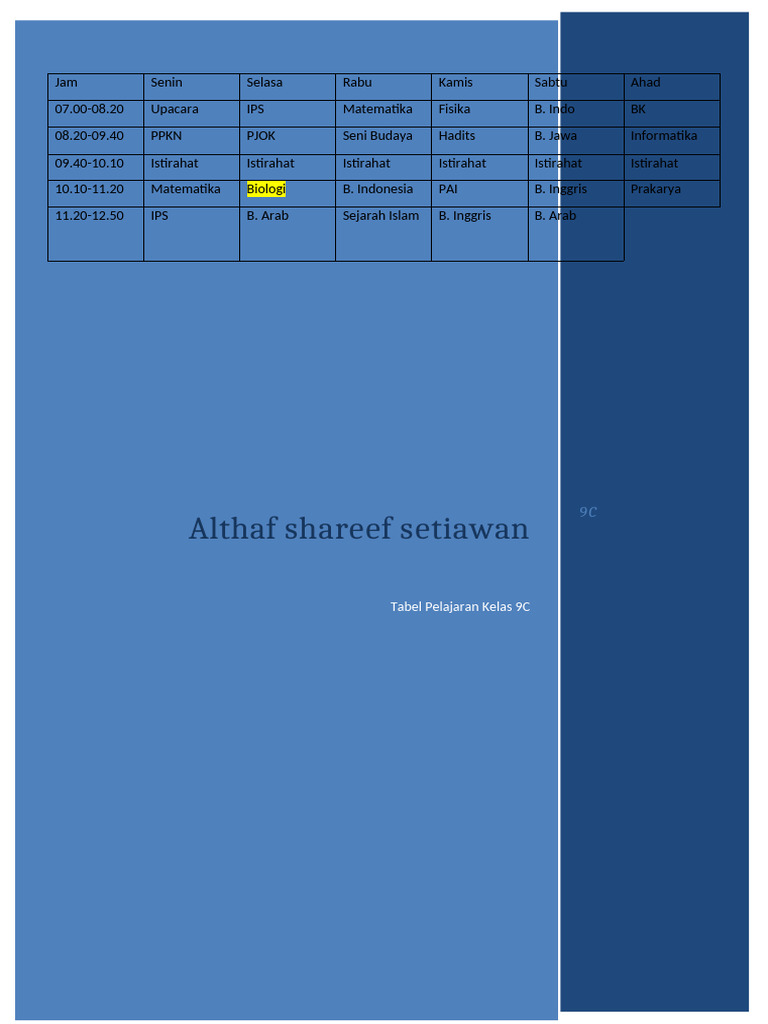 Althaf Shareef Setiawan - 9C - Jadwal Pelajaran | PDF