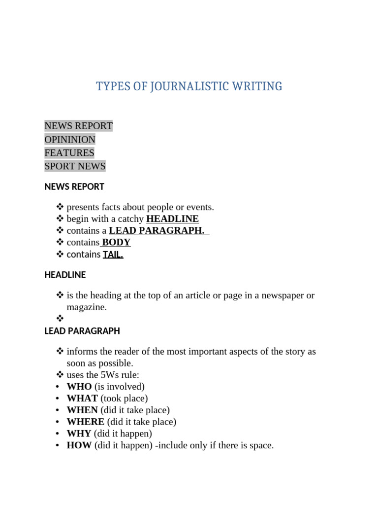English - Types of Journalistic Writing | PDF | Chart | Career & Growth