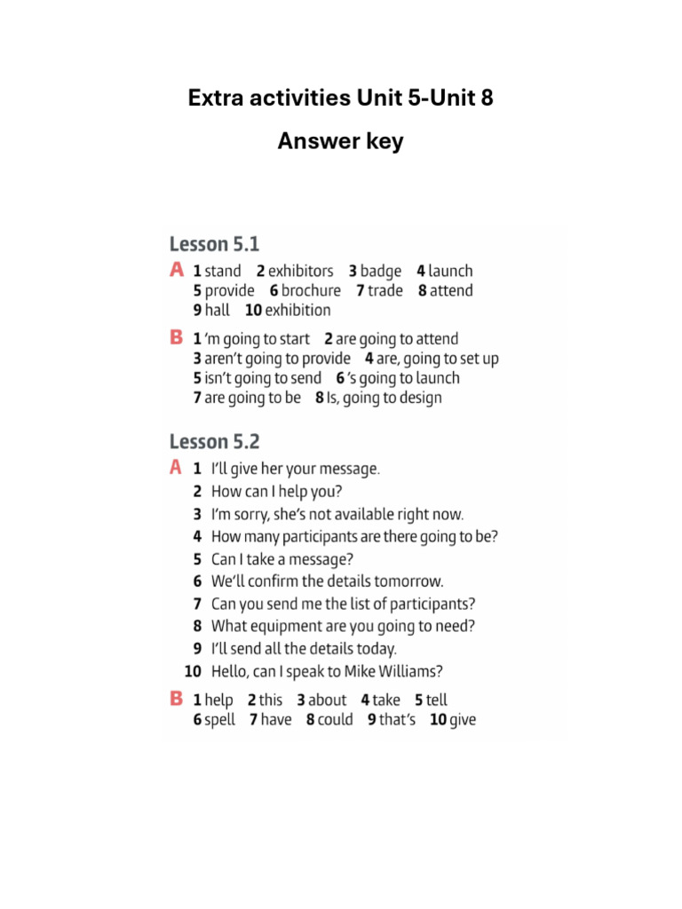 1b Key - Review Exercises Unit 5-Unit 8 | PDF