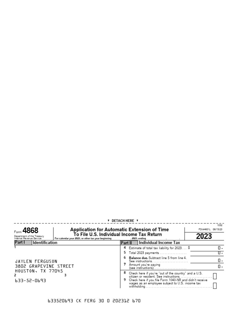 2023 Personal Extension Form 4868 Jaylen Ferguson (TX) | PDF