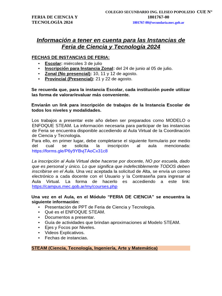 Información A Tener en Cuenta para Las Instancias de Feria de Ciencia y ...
