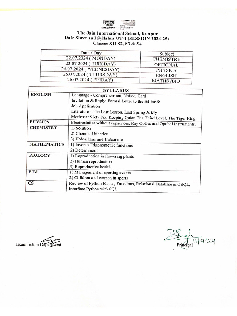 Class XII Datesheet and Syllabus | PDF