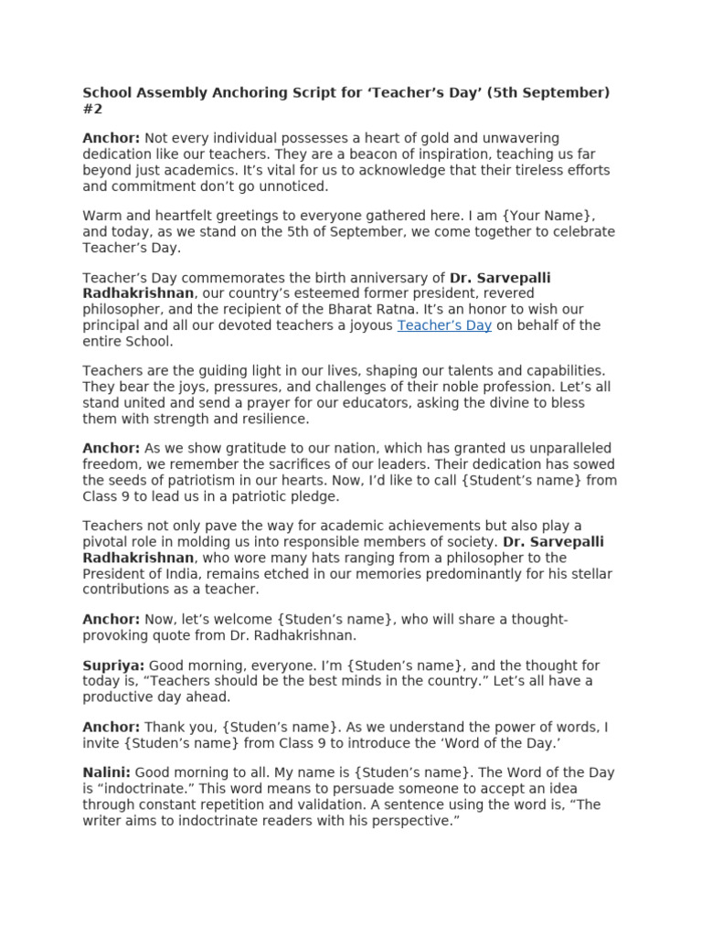 School Assembly Anchoring Script For Teacher's Day' | PDF