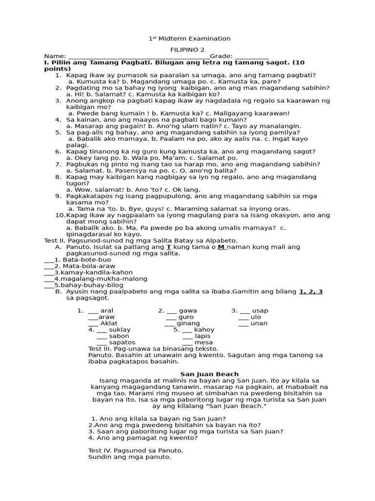 Filipino 2 Midterm Exam Guide | PDF | Language Arts & Discipline | Self-Improvement