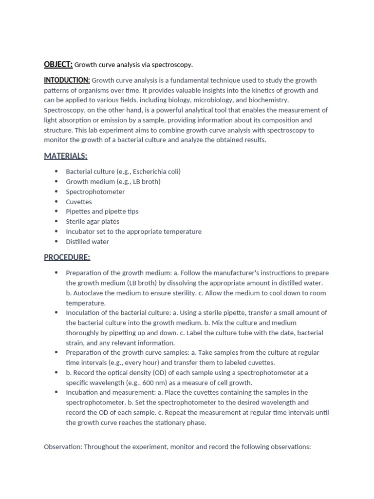 OBJECT Growth Curve Analysis Via Spectros | PDF