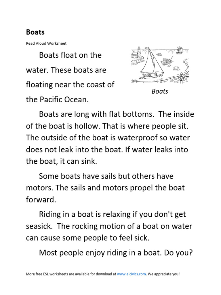 Free ESL Read Aloud Worksheet: Boats | PDF