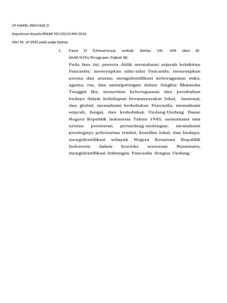 CP Mapel PKN Fase D-1 | PDF