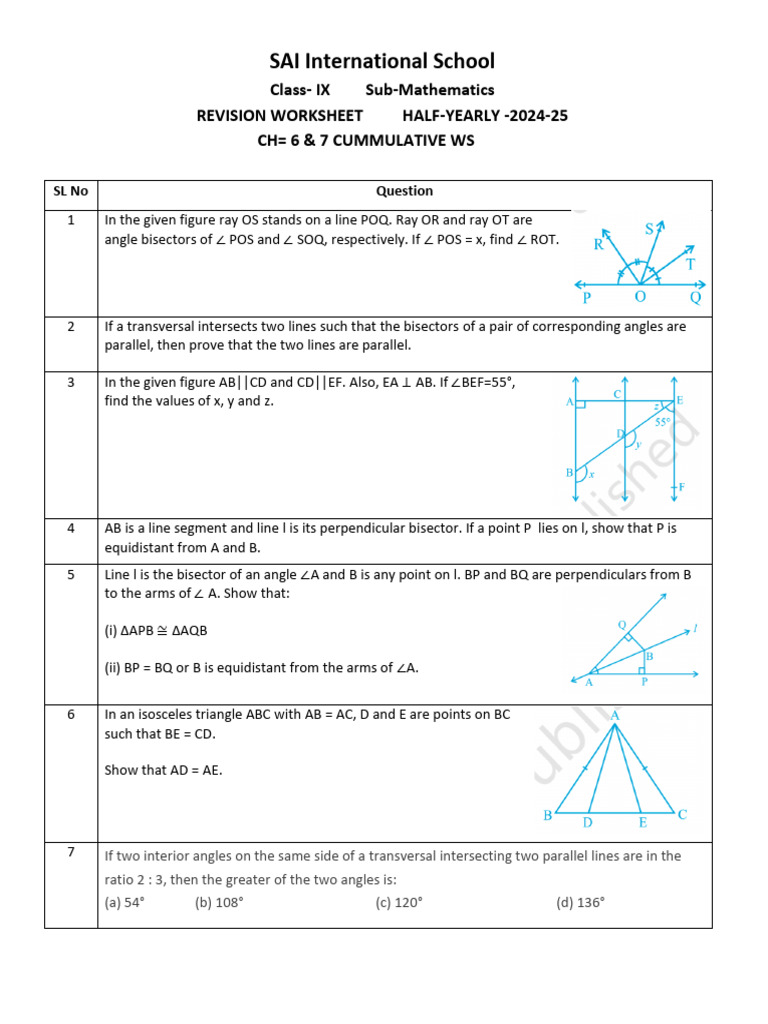 9 Math Cum-2 WS-1,2 Ch-6,7 HFLY-2024-25 | PDF