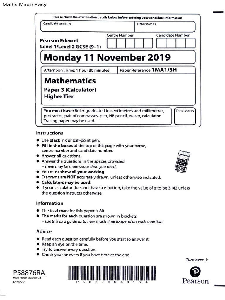 Edexcel GCSE Maths Higher Paper 3 2019 | PDF