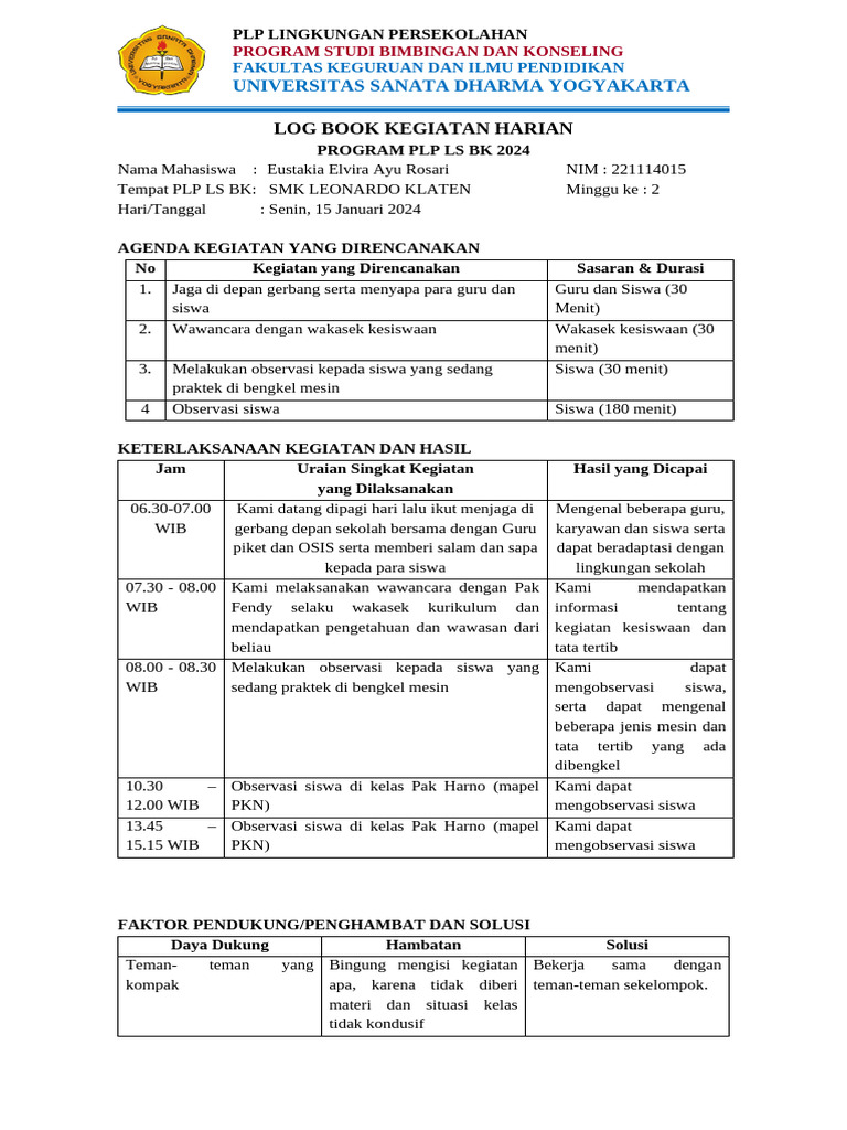 Logbook Kegiatan PLP LS BK (1) - Eustakia Elvira Ayu Rosari | PDF