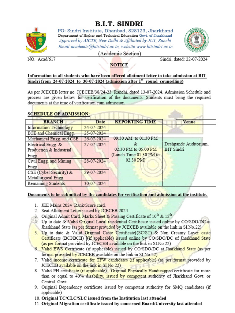 Notice For B.tech 1st Sem 2024 25 Admission at BIT Sindri Through JCECEB Ranchi 1st Counselling ...