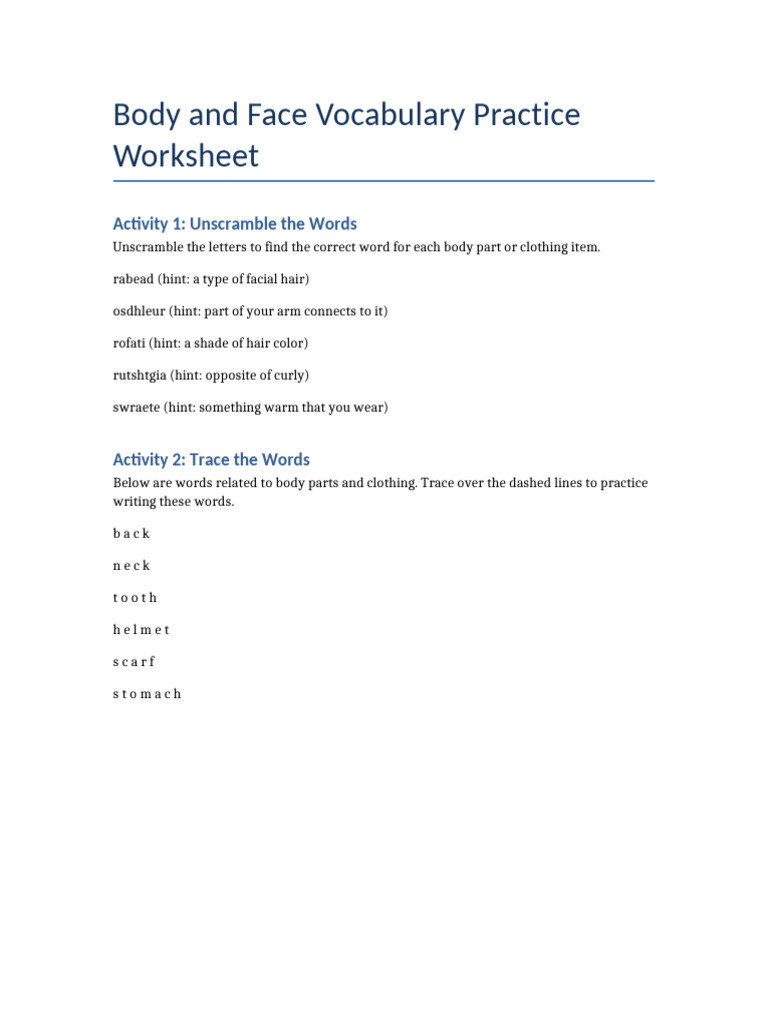 Body and Face Vocabulary Worksheet | PDF