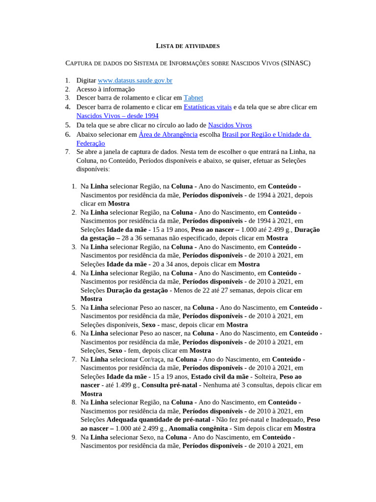 SCBP - Captura de Dados SINASC | PDF