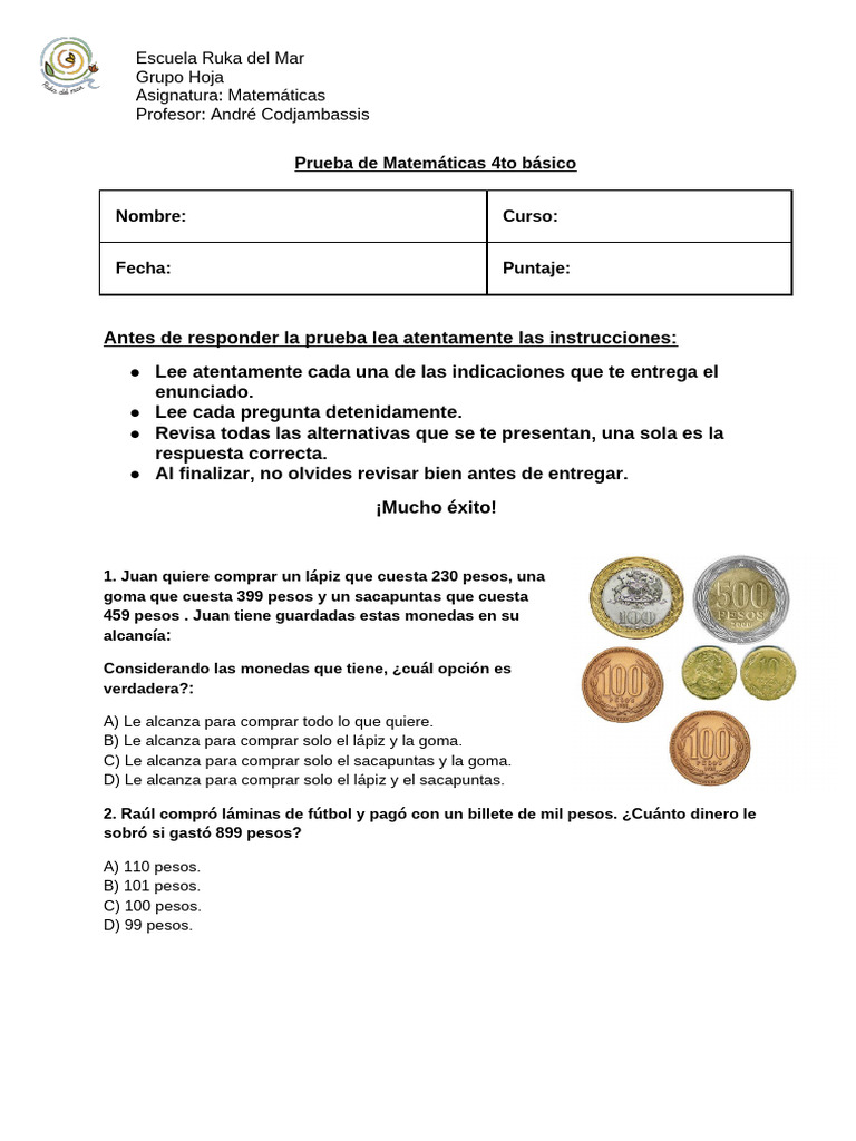 Prueba Mate 4to LISTA | PDF