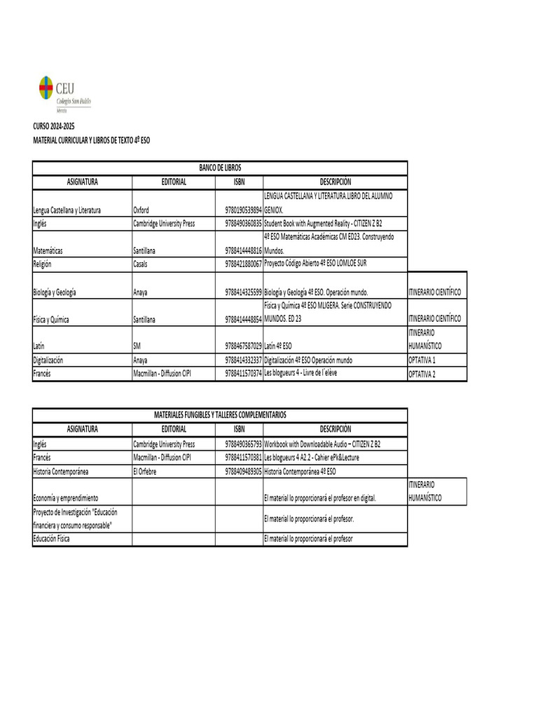Material Curricular Eso Bachillerato 24 25 | PDF