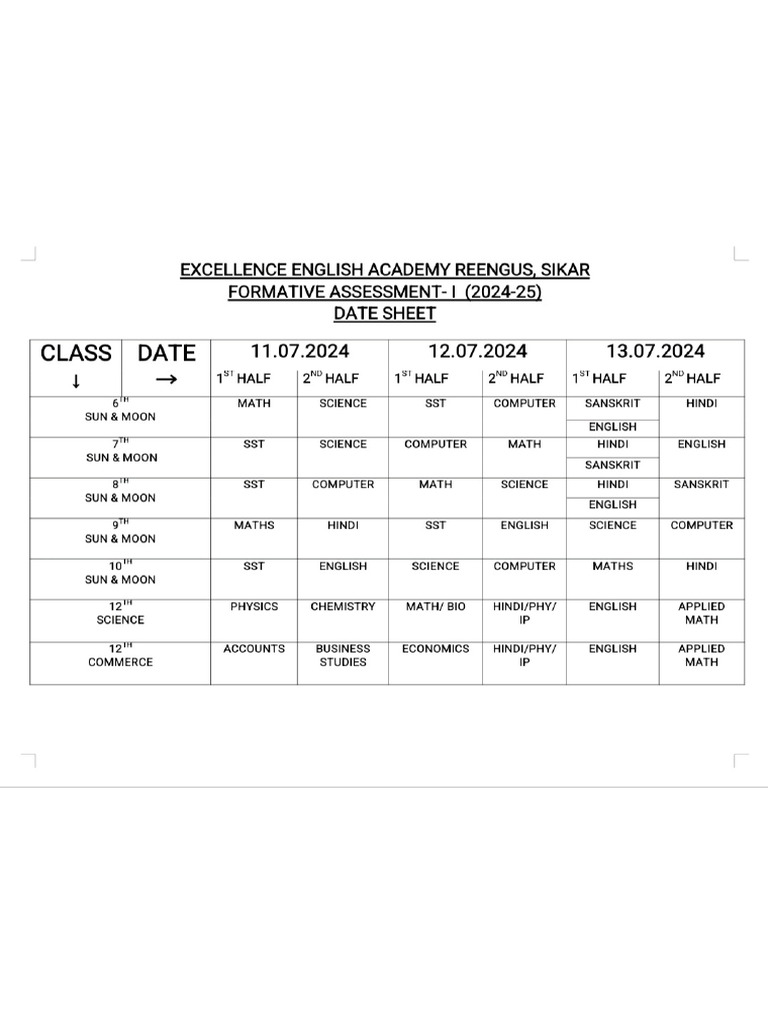 Date Sheet FA-1 Exam | PDF