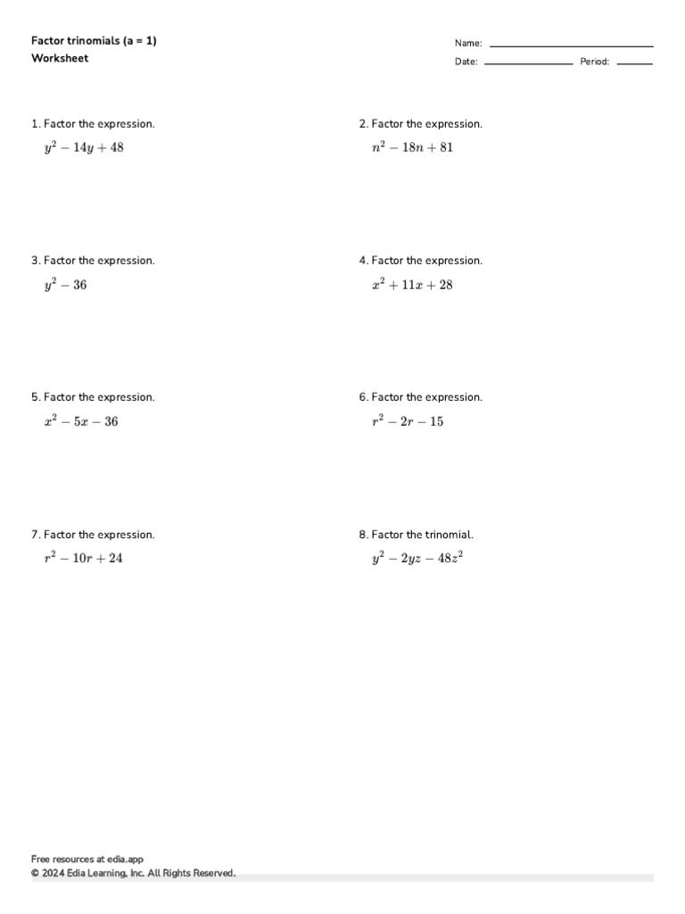 Factor Trinomials (a = 1) - Worksheet | PDF
