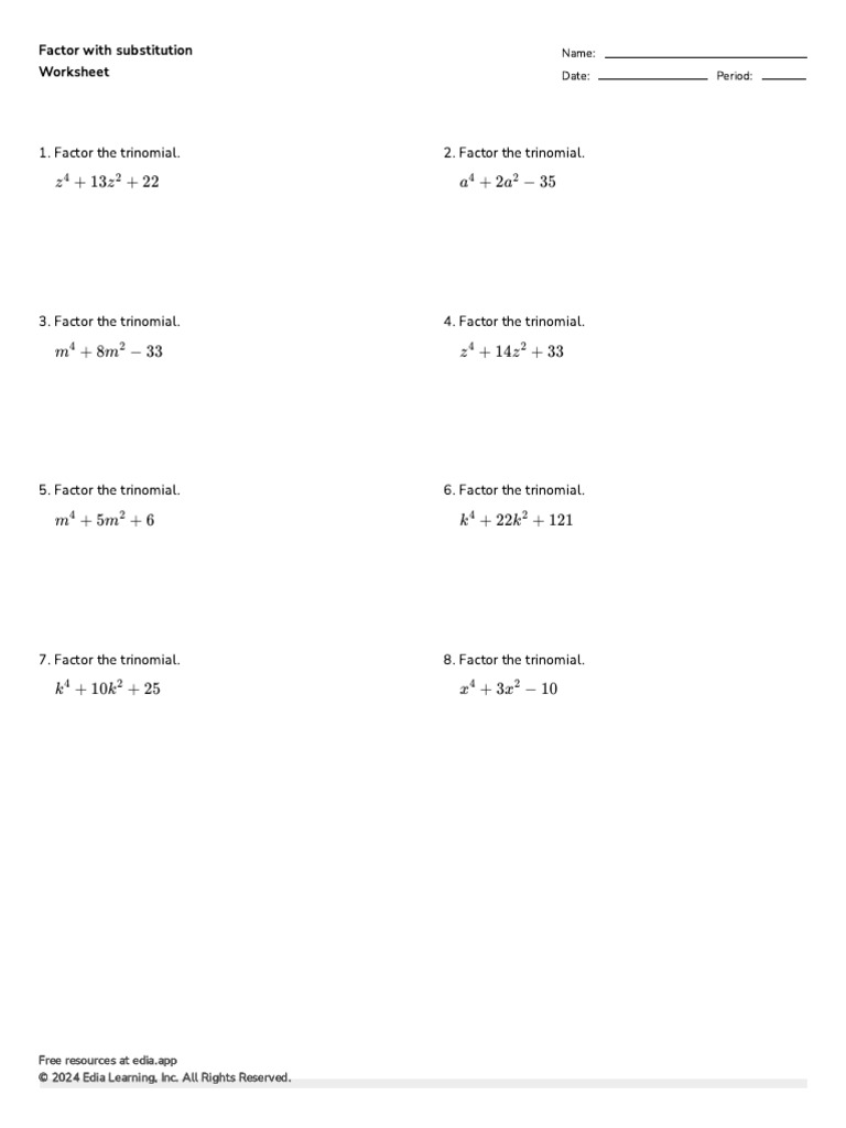 Factor With Substitution - Worksheet | PDF