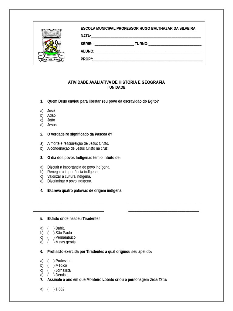 PROVA DE HIST E GEOG | PDF