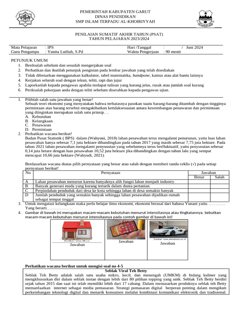 SOAL PAT - IPS Kls 7 - 2024 (Yunita) | PDF