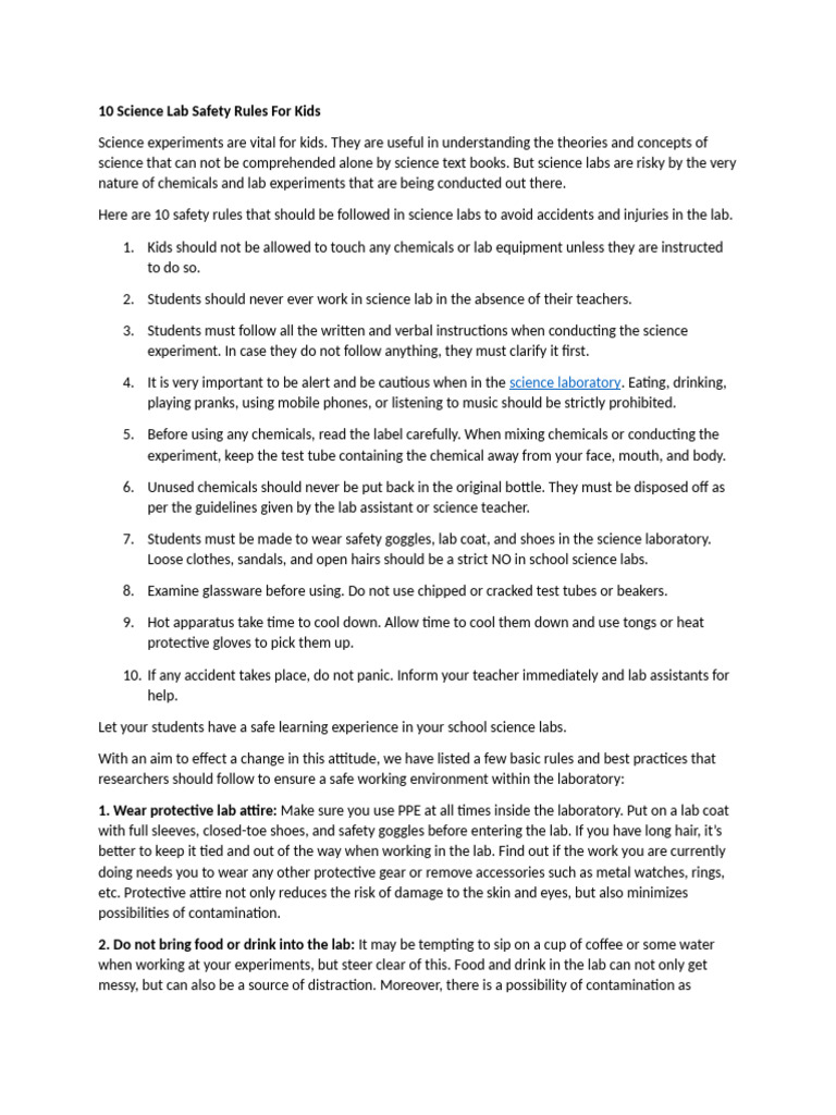 10 Science Lab Safety Rules | PDF