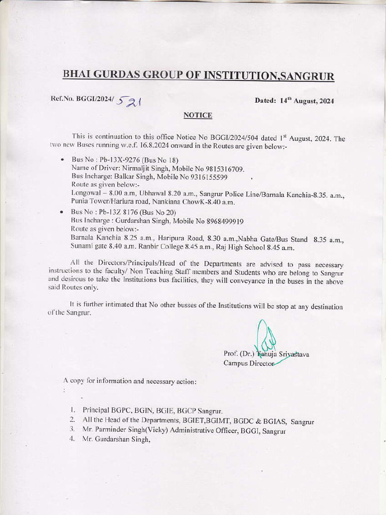 Notice Regarding New Buses Route Sangrur | PDF