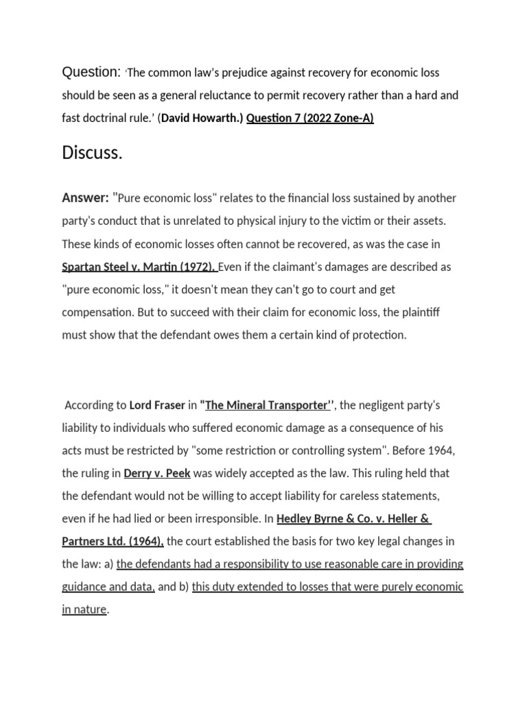 Pure Economic Loss (Essay) | PDF | Damages | Common Law